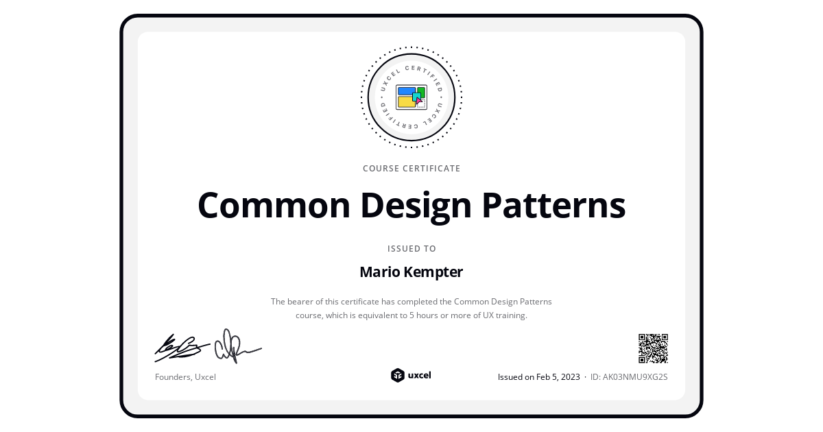 Certificate of completion for Common Design Patterns | Uxcel
